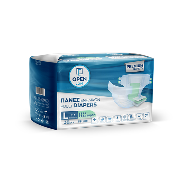 Open Care Adult Diaper, Super, Large, 30pcs - Opencare.gr